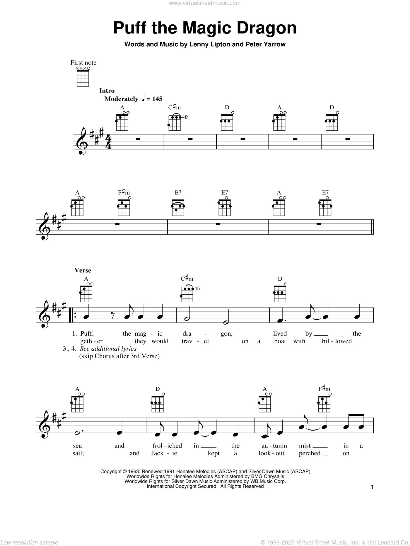 Puff The Magic Dragon sheet music for ukulele (PDF-interactive)