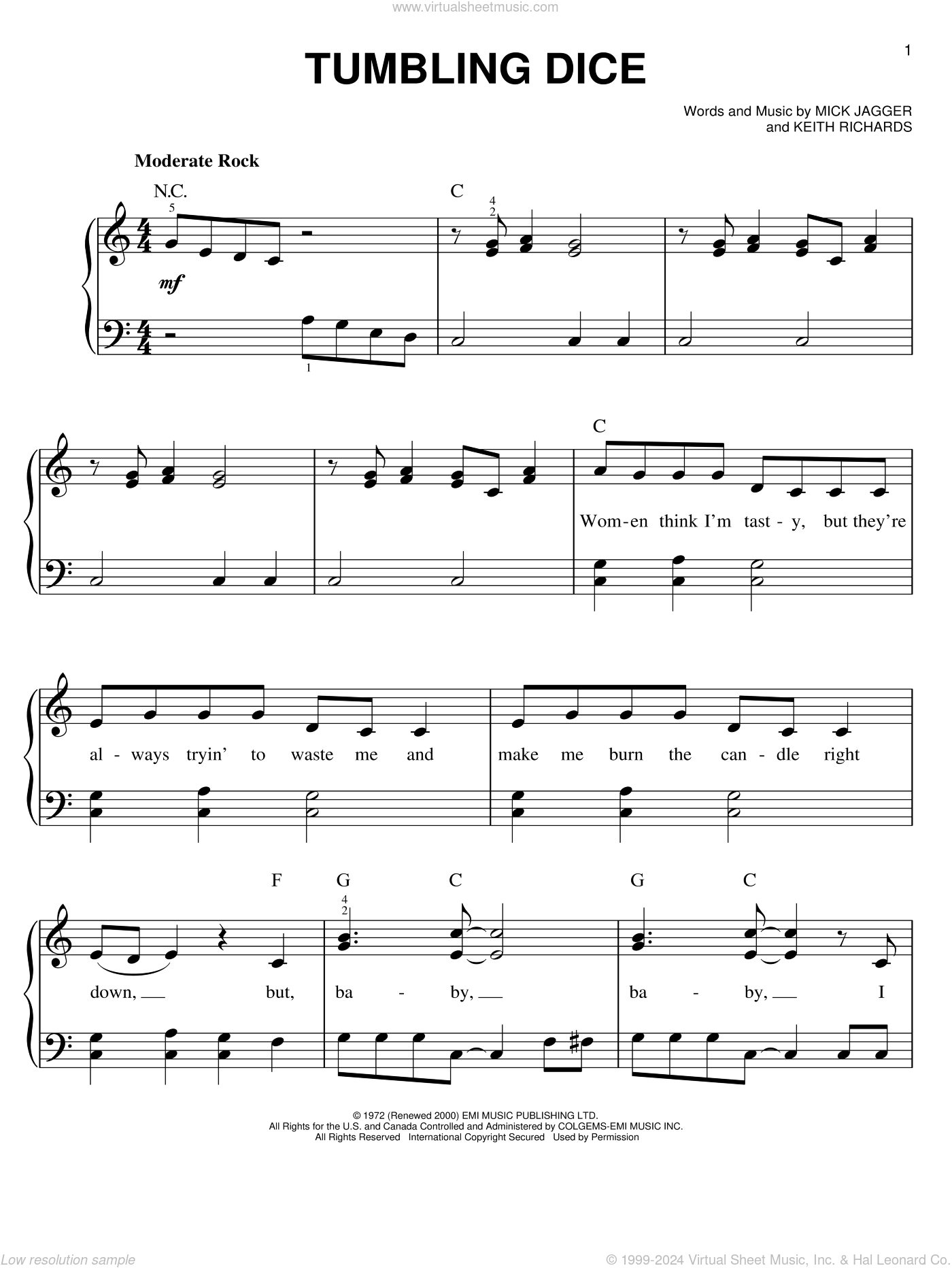 Tumbling Dice sheet music (easy) for piano solo (PDF-interactive)