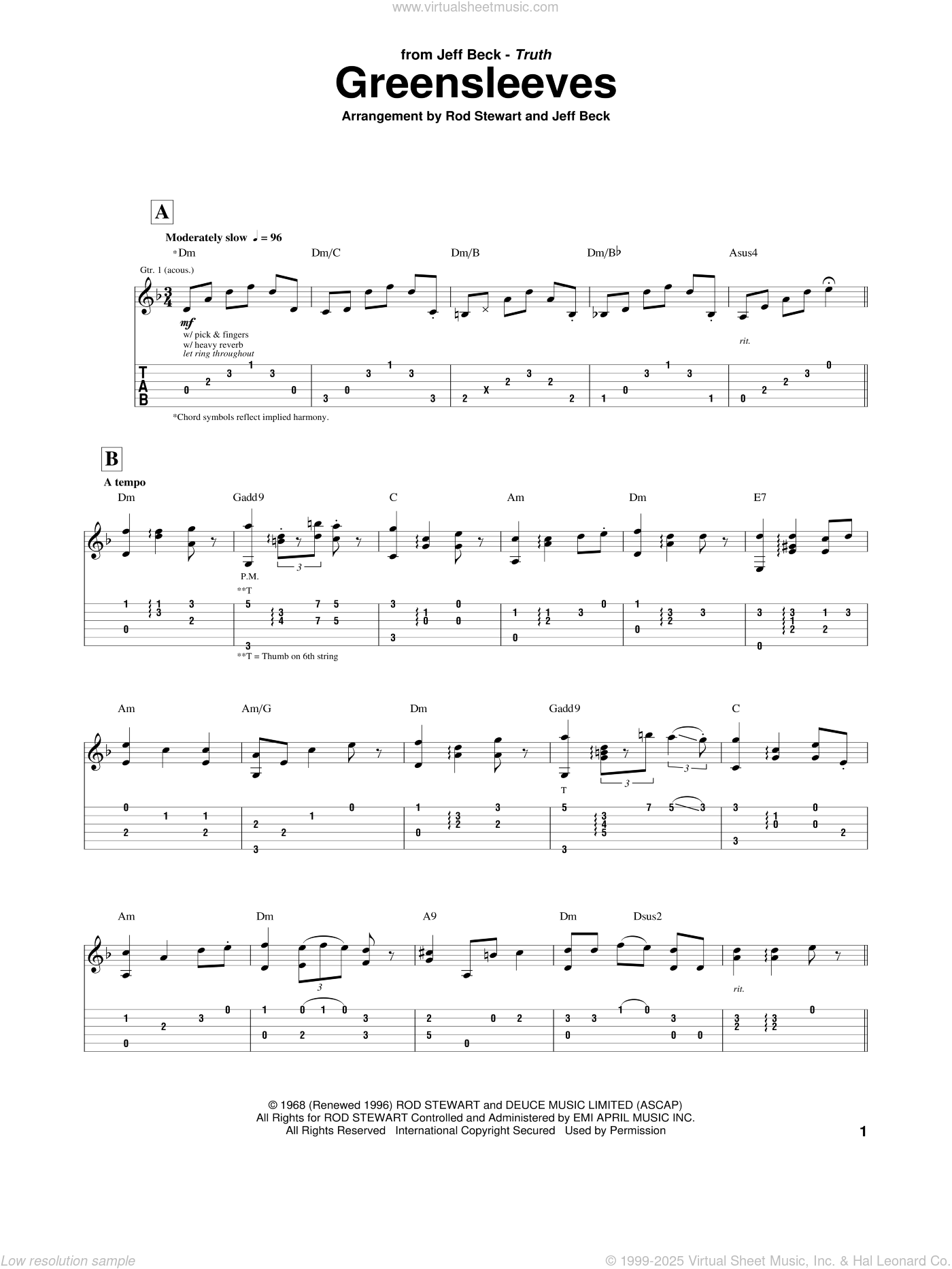 Jeff Beck: Greensleeves sheet music for guitar (tablature) (PDF)