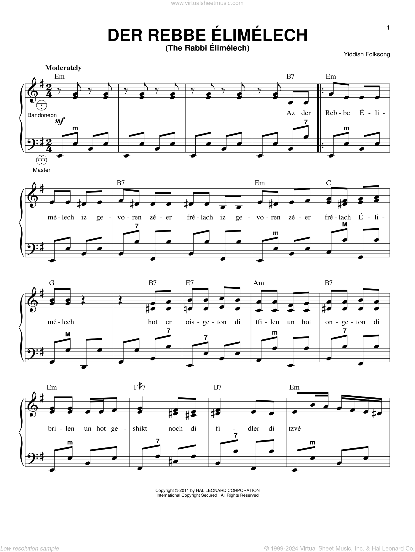 Der Rebbe Elimelech (The Rabbi Elimelech) sheet music for accordion