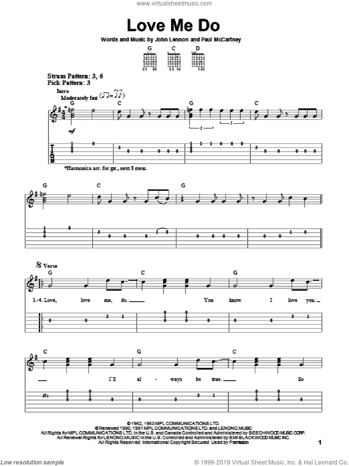 Love Me Do sheet music (easy) for guitar solo (easy tablature)