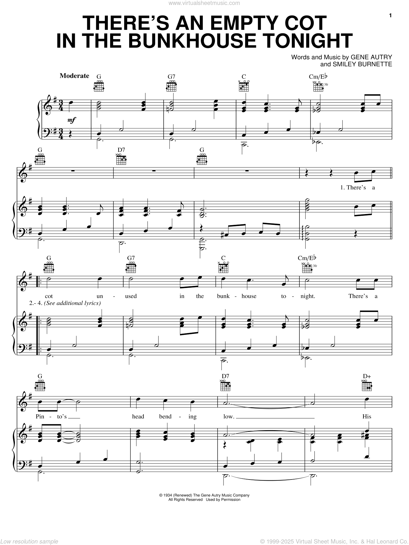 There's An Empty Cot In The Bunkhouse Tonight sheet music for voice ...