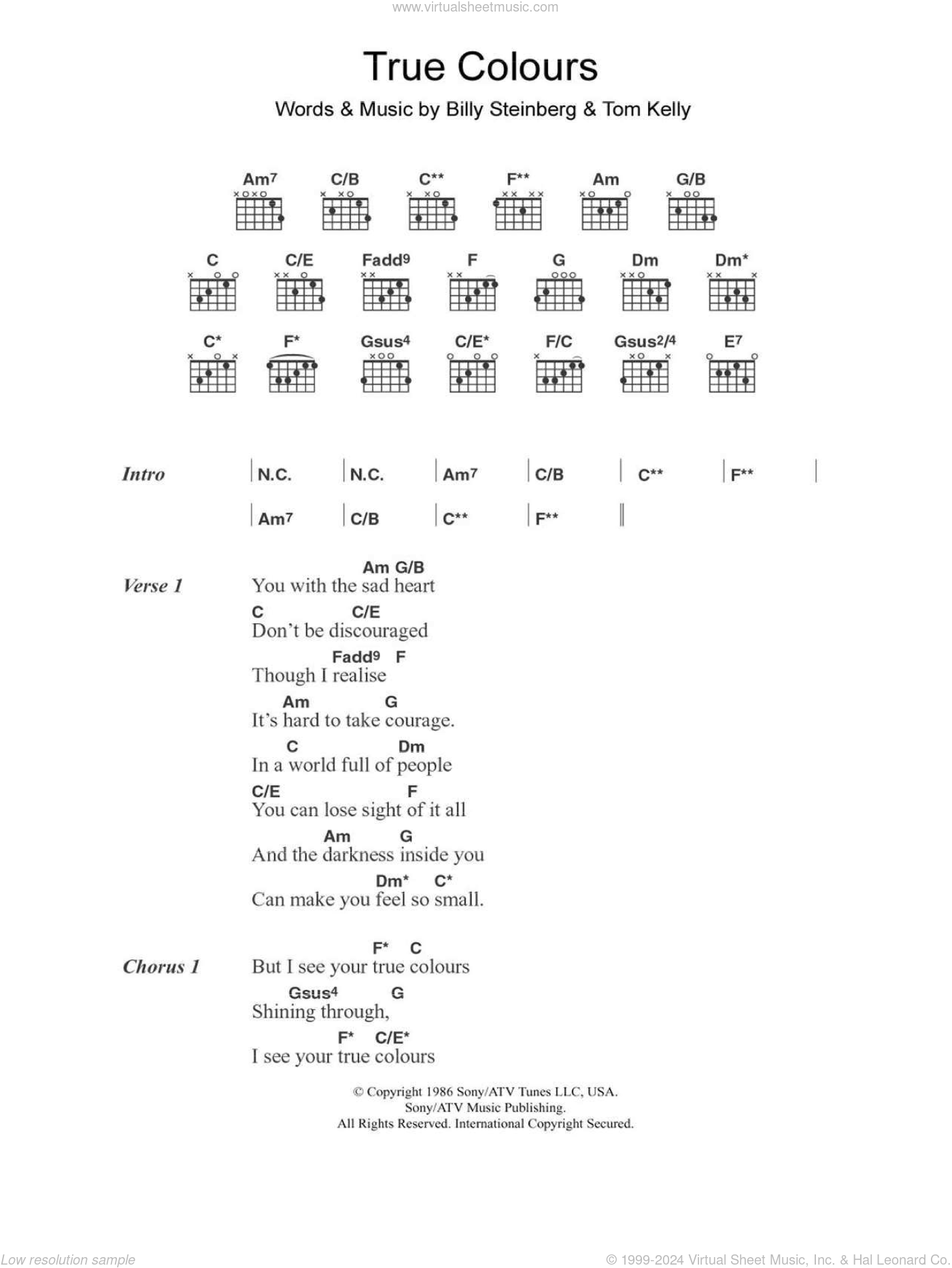 True Colours sheet music for guitar (chords) (PDF)