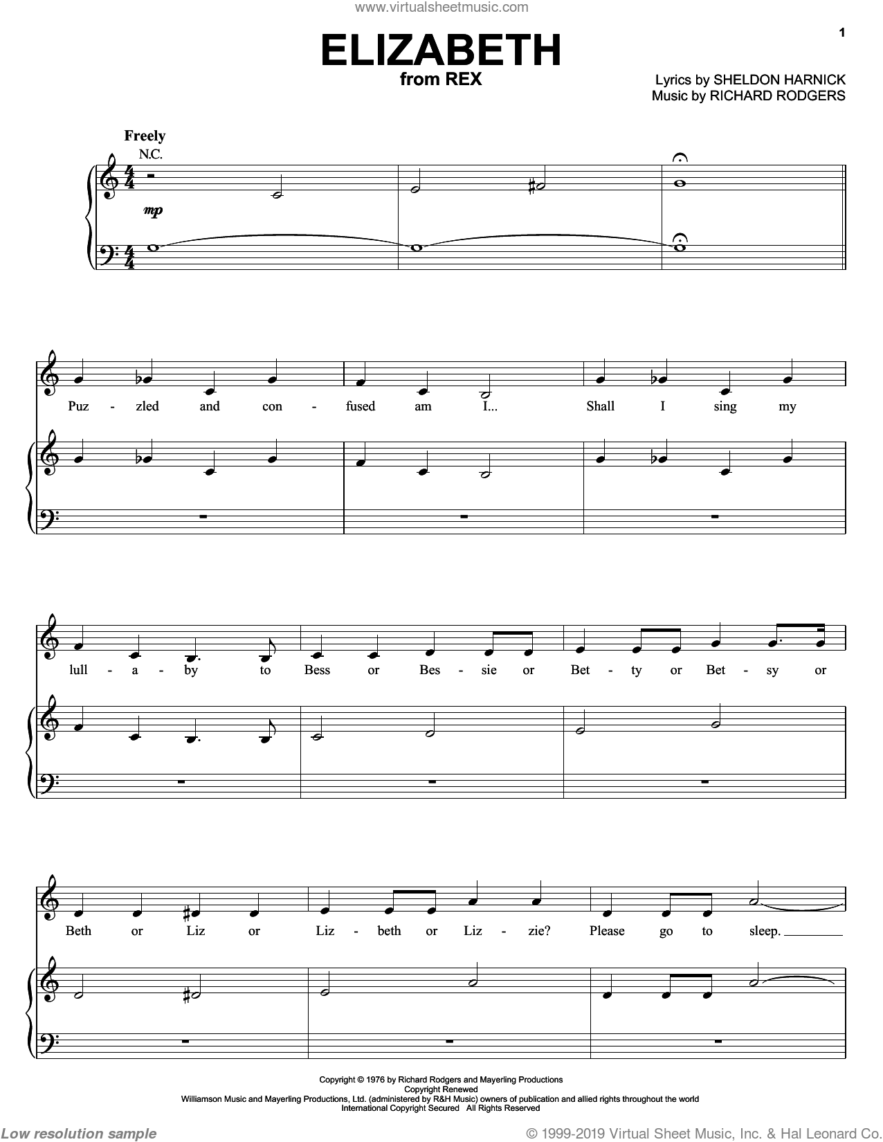 Elizabeth sheet music for voice, piano or guitar (PDF)