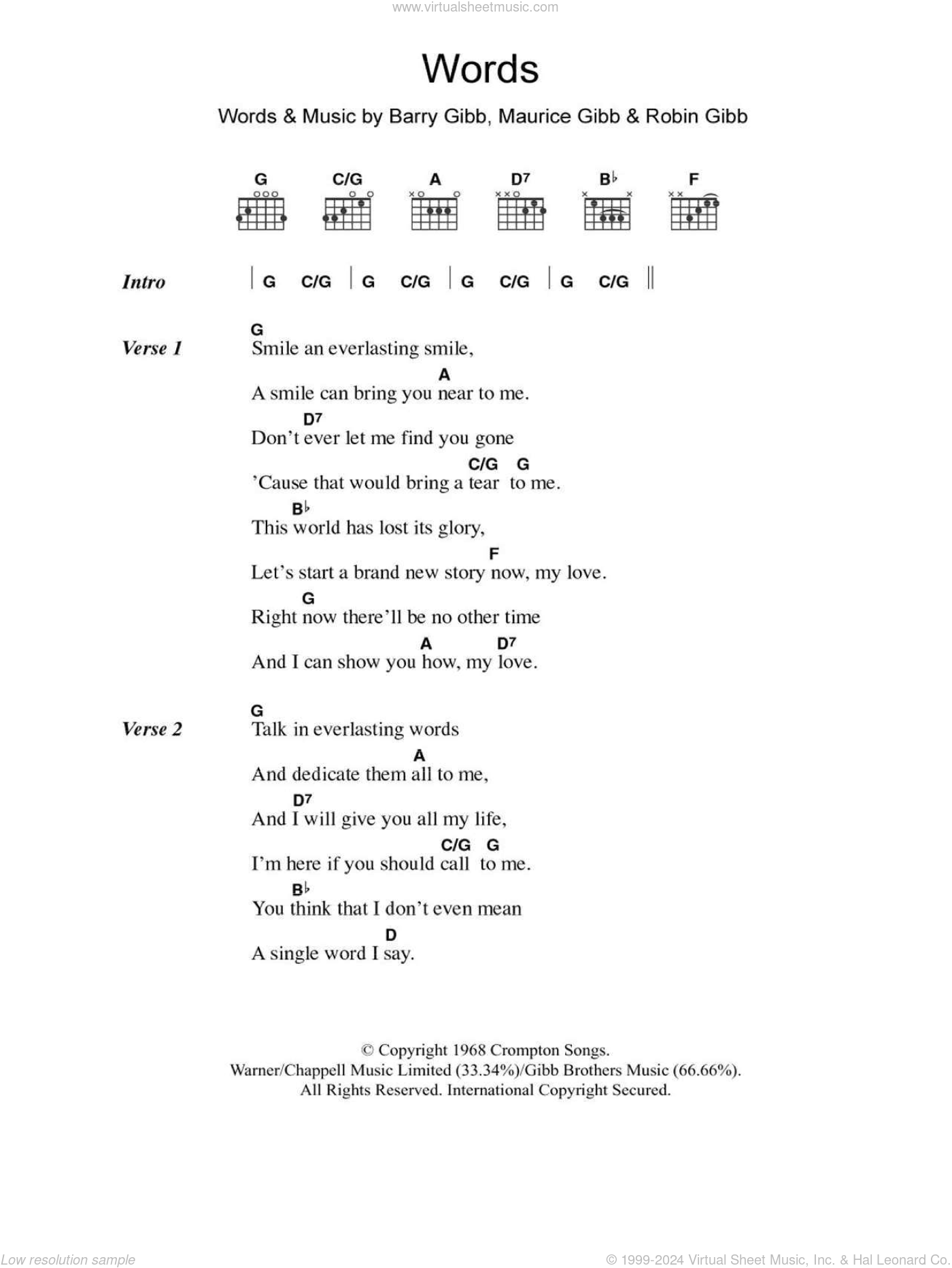 Words sheet music for guitar (chords) (PDF)