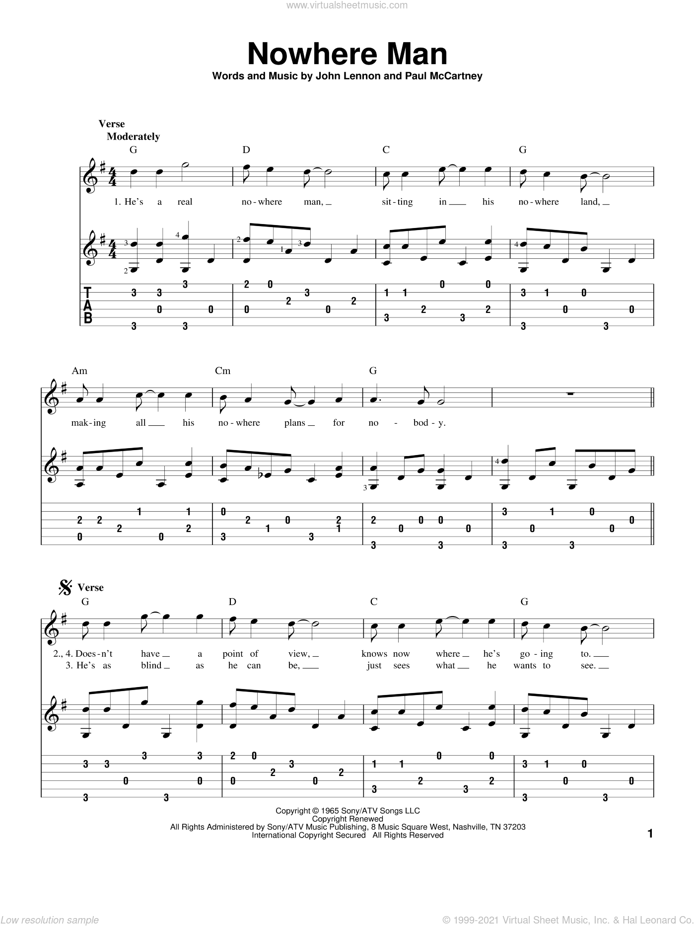 Nowhere Man sheet music (intermediate) for guitar solo (PDF)