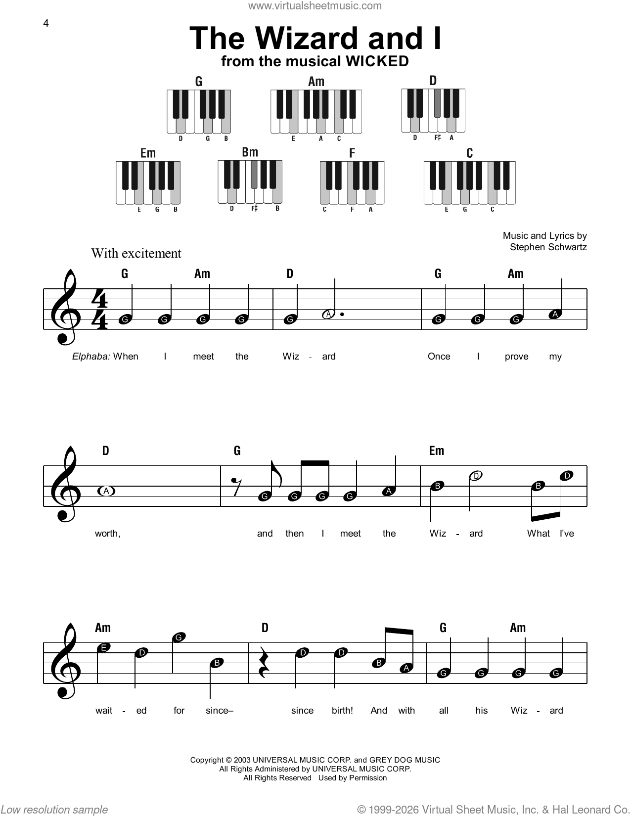 The Wizard And I (from Wicked) sheet music for piano solo (PDF)