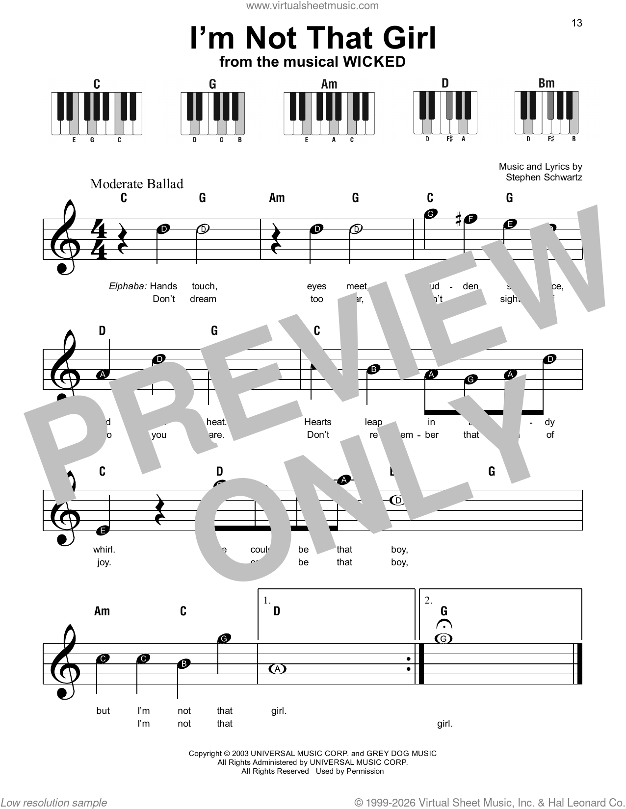 I'm Not That Girl (from Wicked) sheet music for piano solo (PDF)