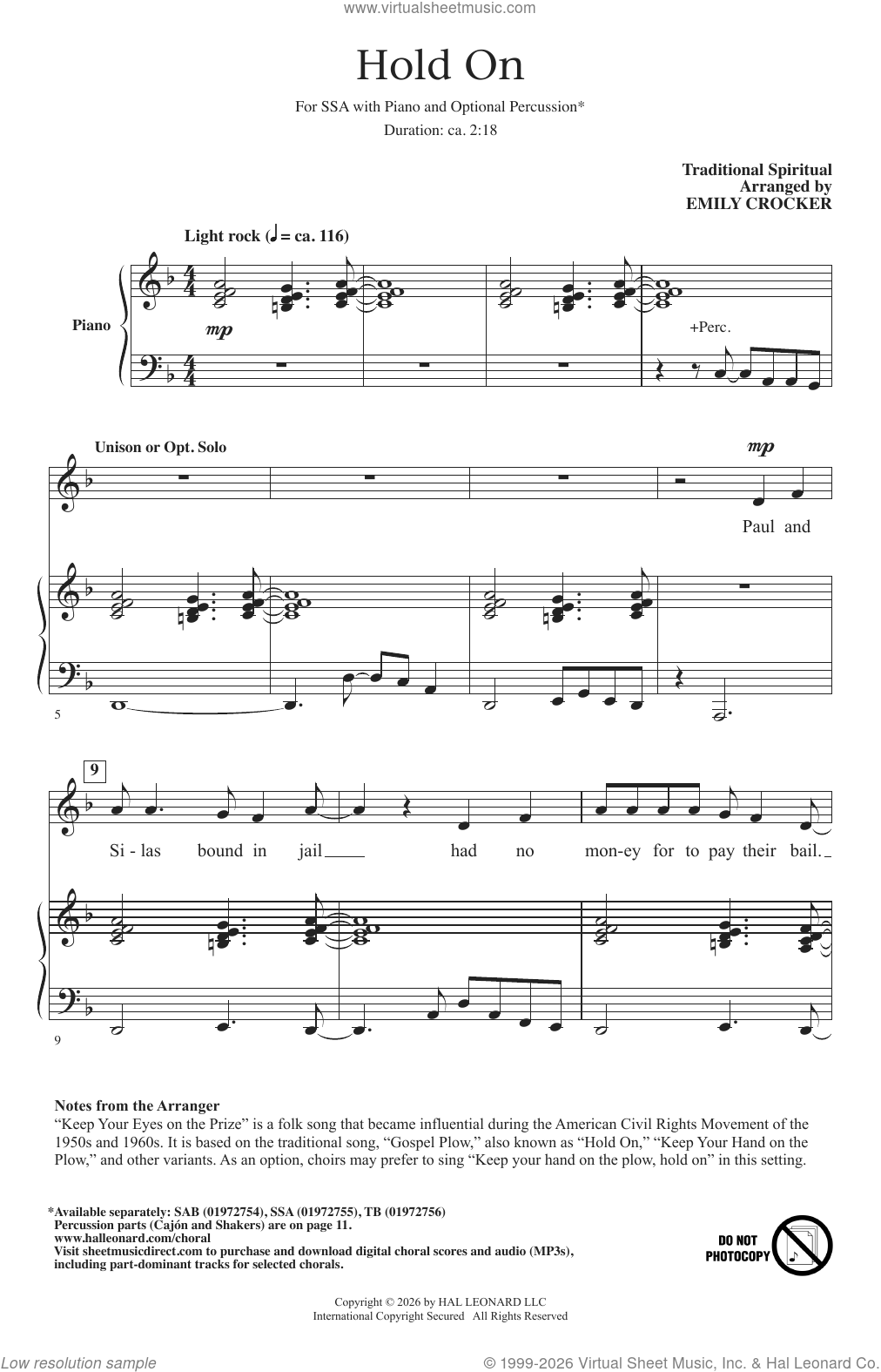 Hold On (arr. Emily Crocker) sheet music for choir (SSA: soprano, alto)