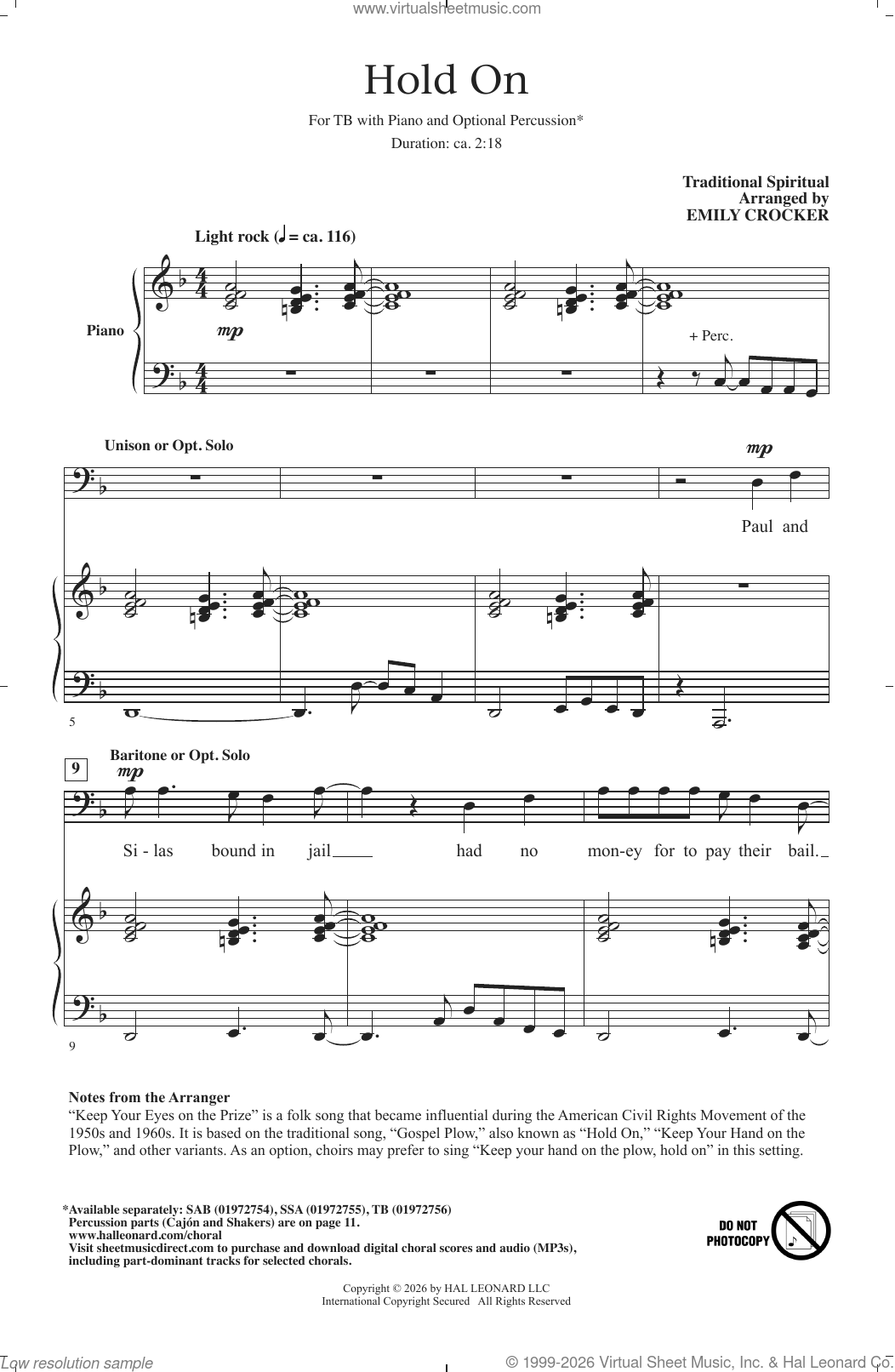 Hold On (arr. Emily Crocker) sheet music for choir (TB: tenor, bass)
