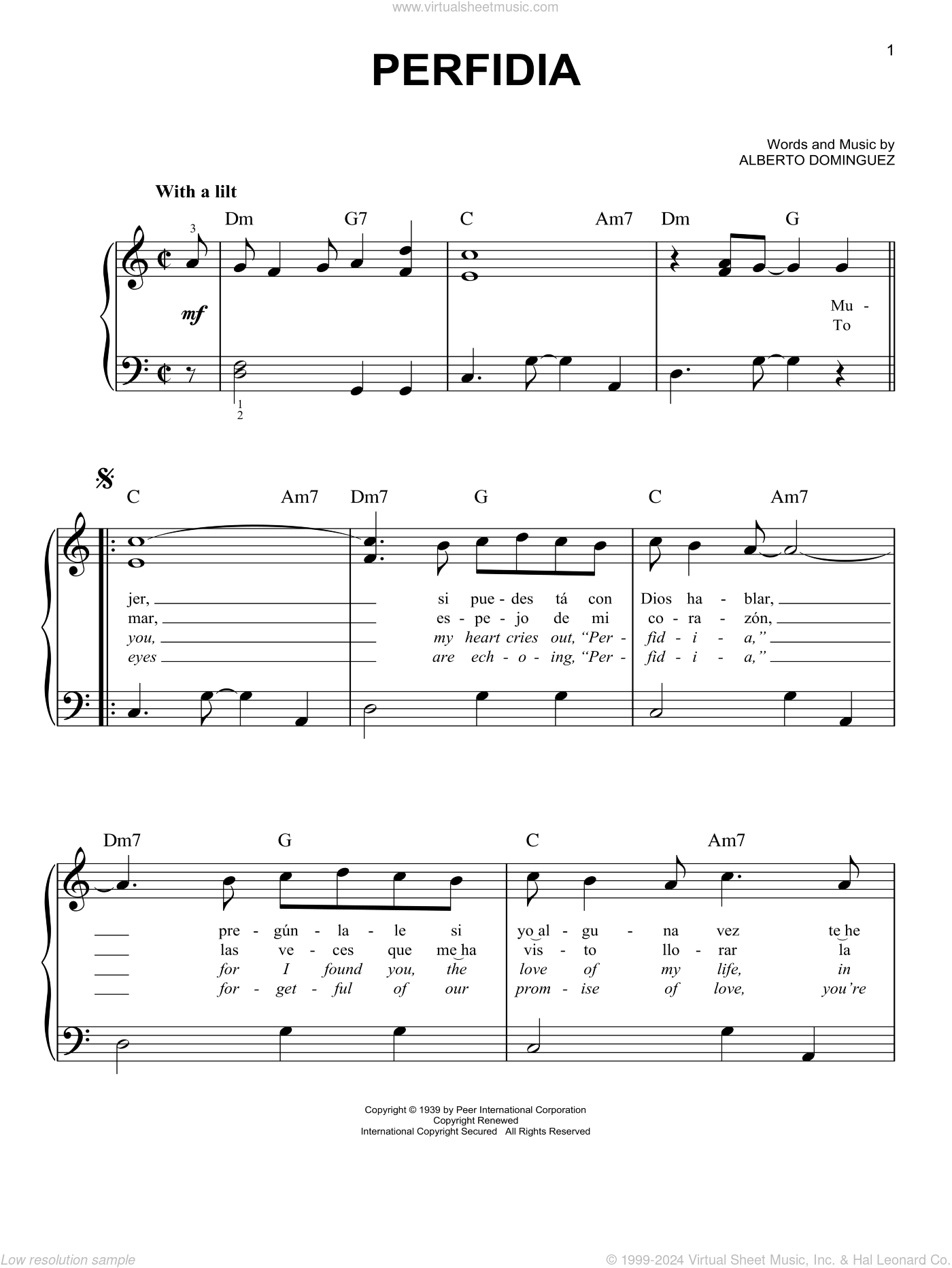 Perfidia sheet music for piano solo (PDF-interactive)