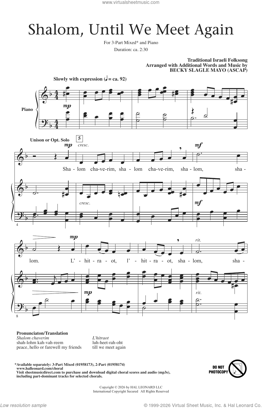Shalom, Until We Meet Again (arr. Becki Slagle Mayo) sheet music for ...