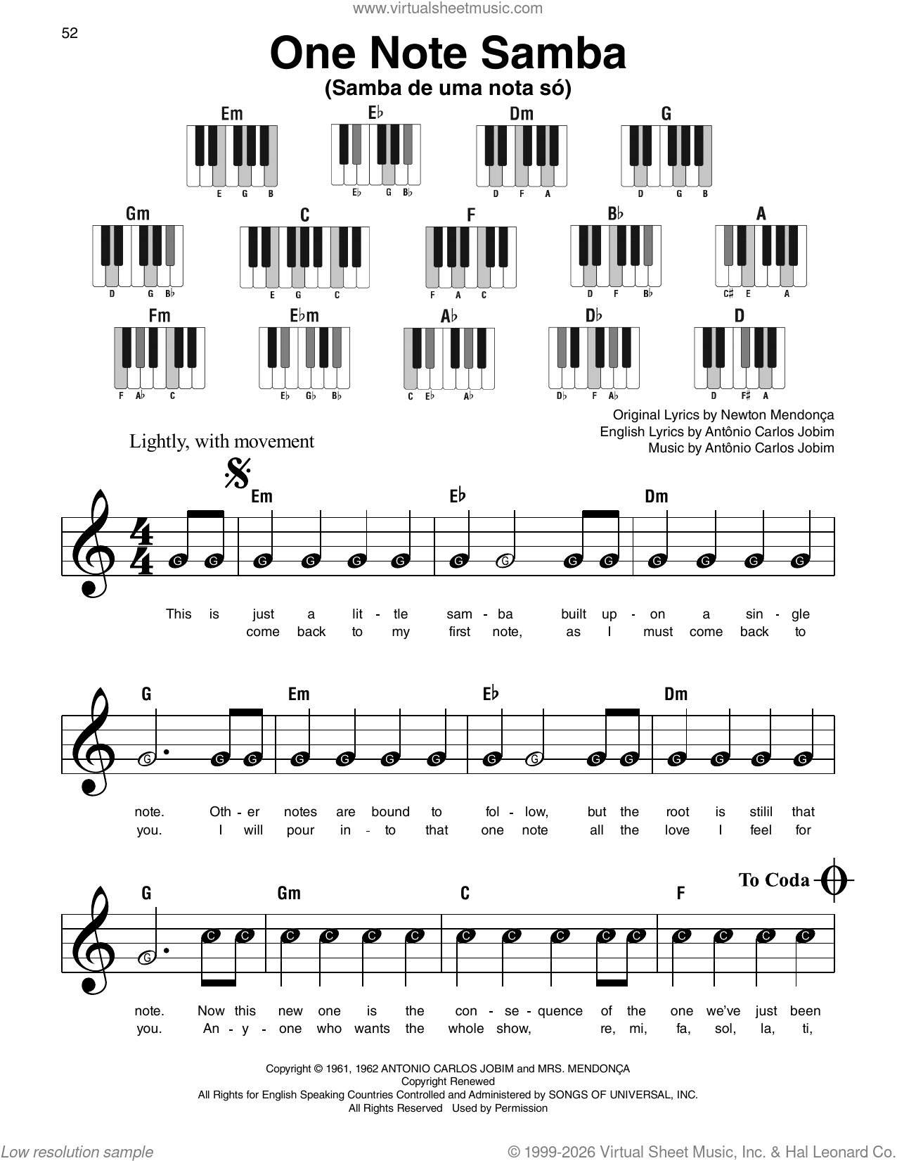 One Note Samba (Samba De Uma Nota So) sheet music for piano solo