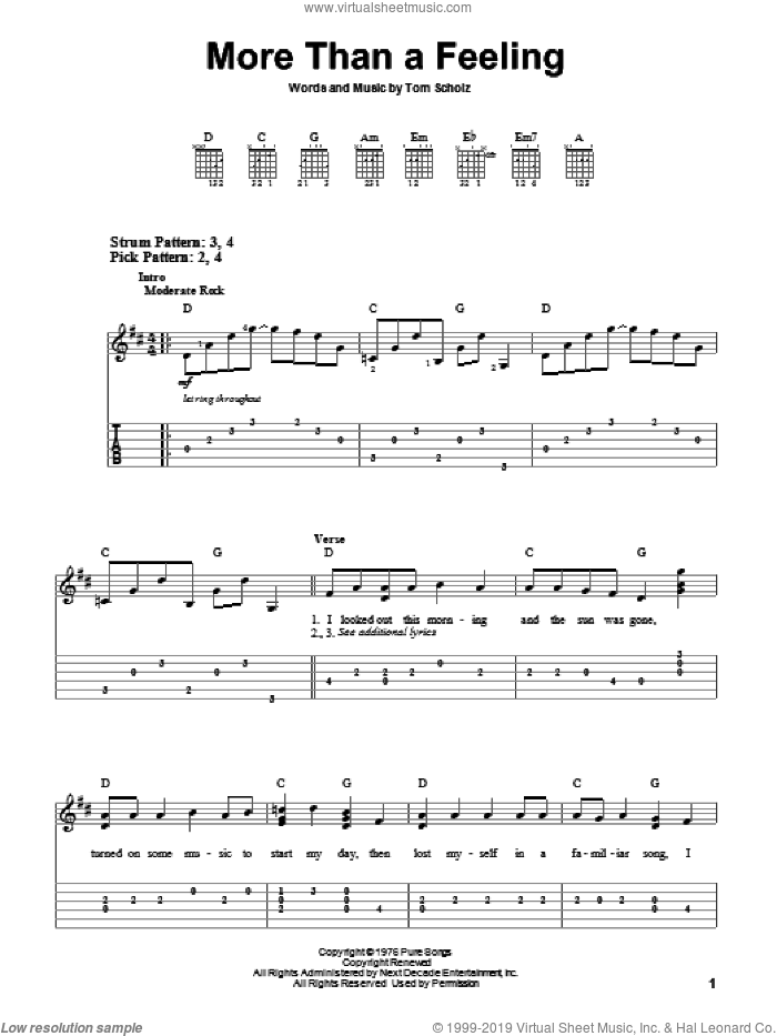 More Than A Feeling sheet music for guitar solo (easy tablature) v2