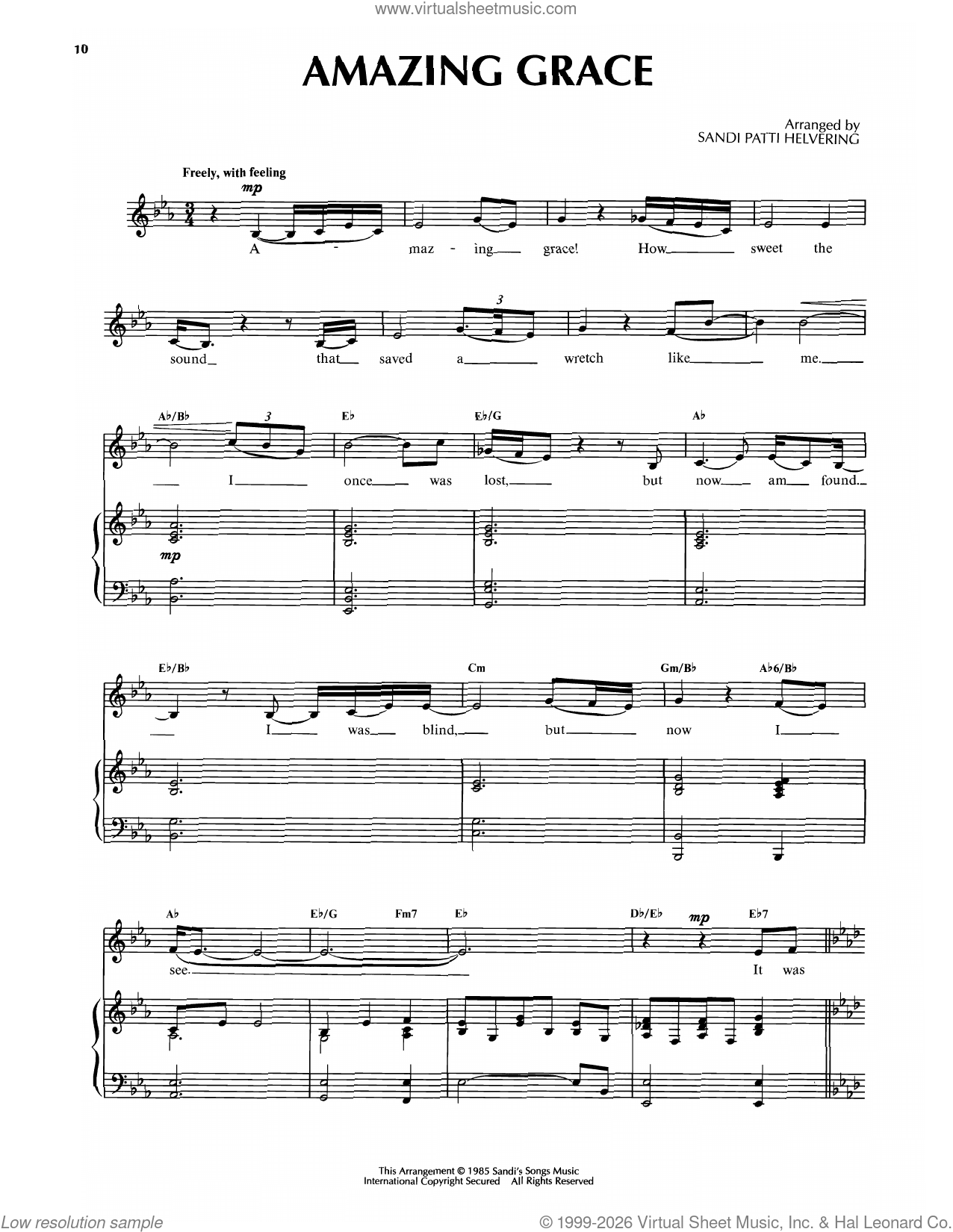 Amazing Grace sheet music for voice and piano (PDF)