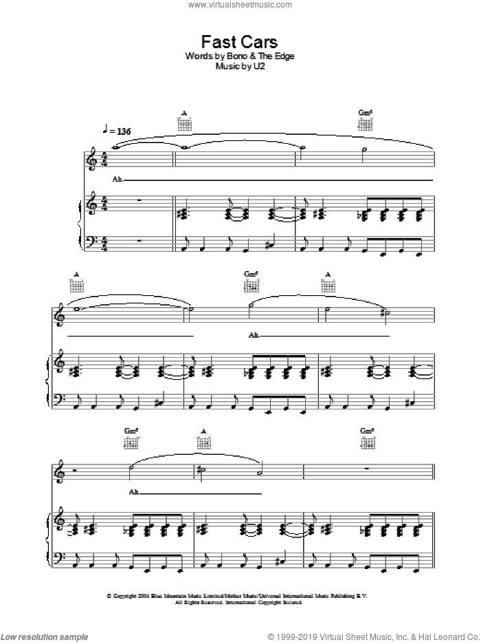 U2: Fast Cars sheet music for voice, piano or guitar (PDF)