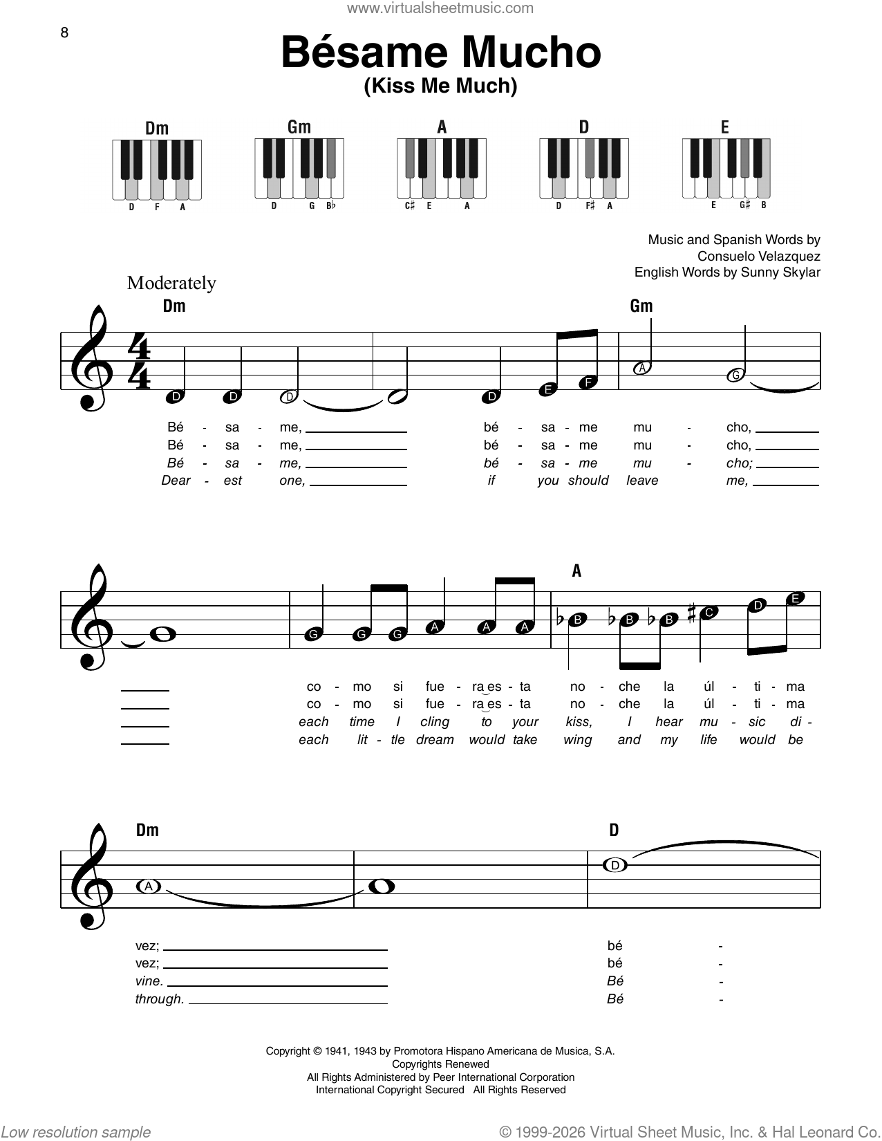 Besame Mucho (Kiss Me Much) sheet music for piano solo (PDF)