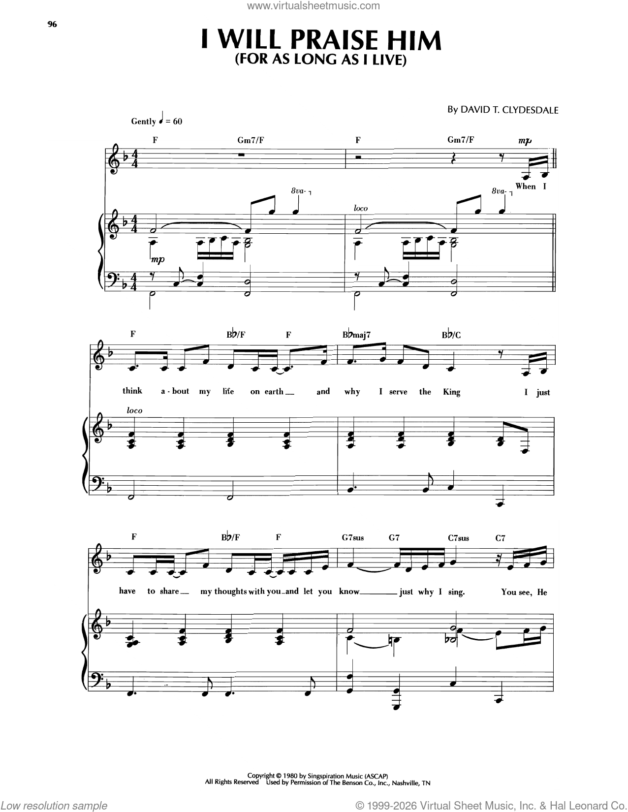 I Will Praise Him sheet music for voice and piano (PDF)
