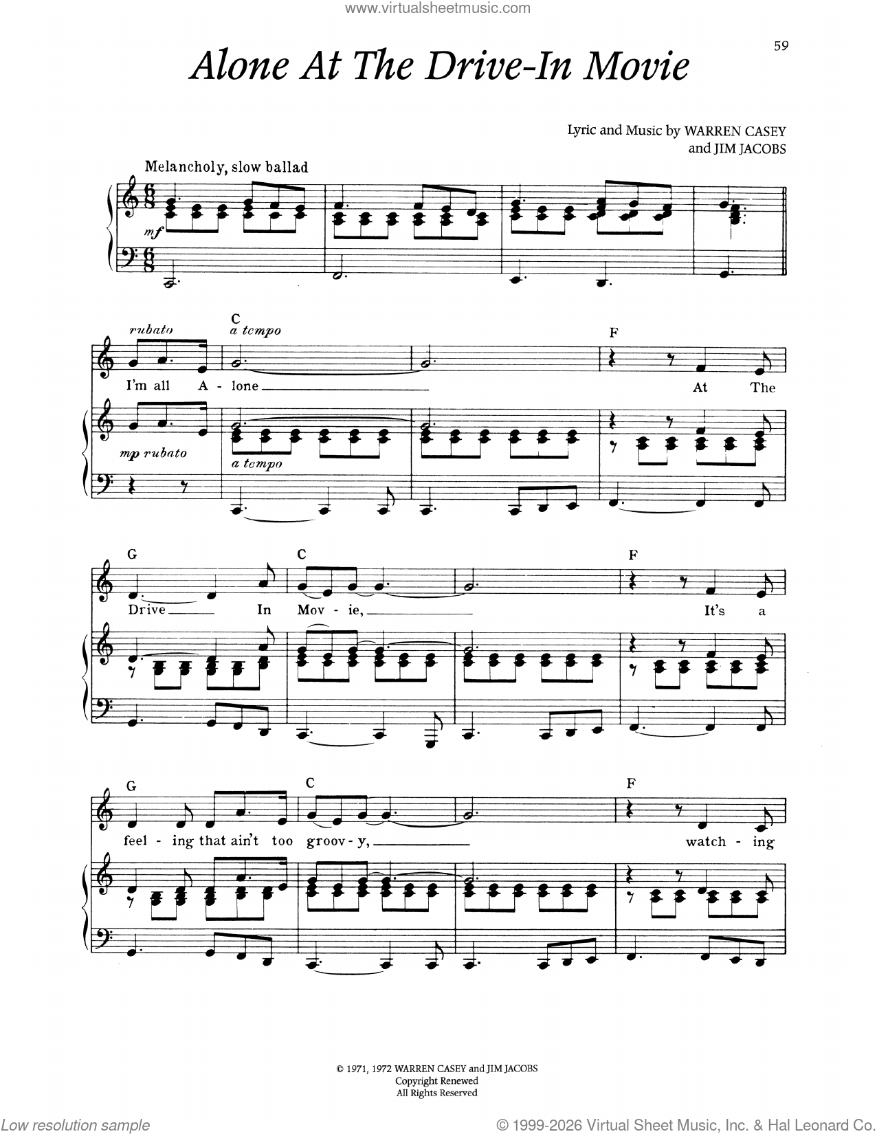 Alone At The Drive-In Movie (from Grease) sheet music for voice and piano
