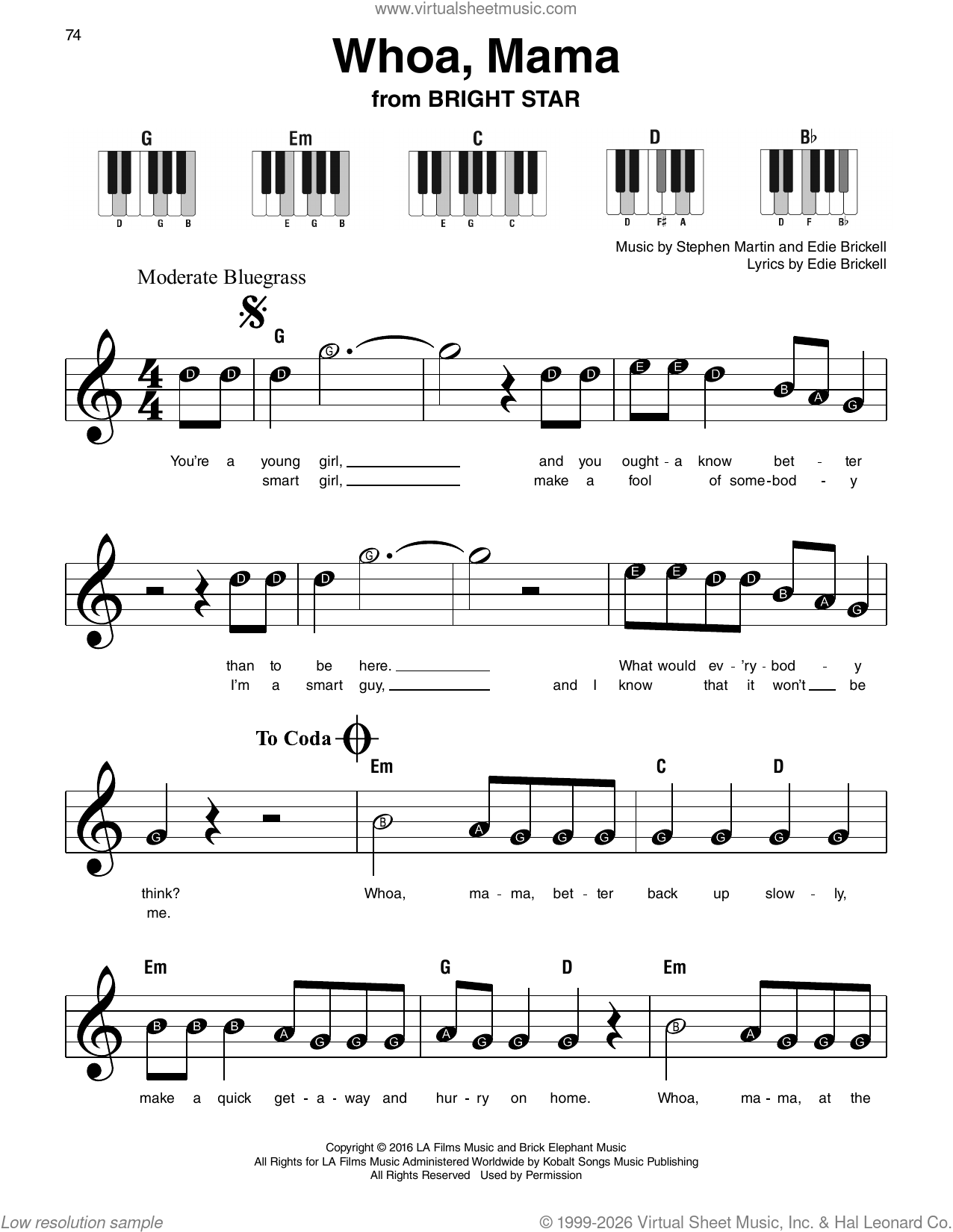 Whoa, Mama (from Bright Star) sheet music for piano solo (PDF)