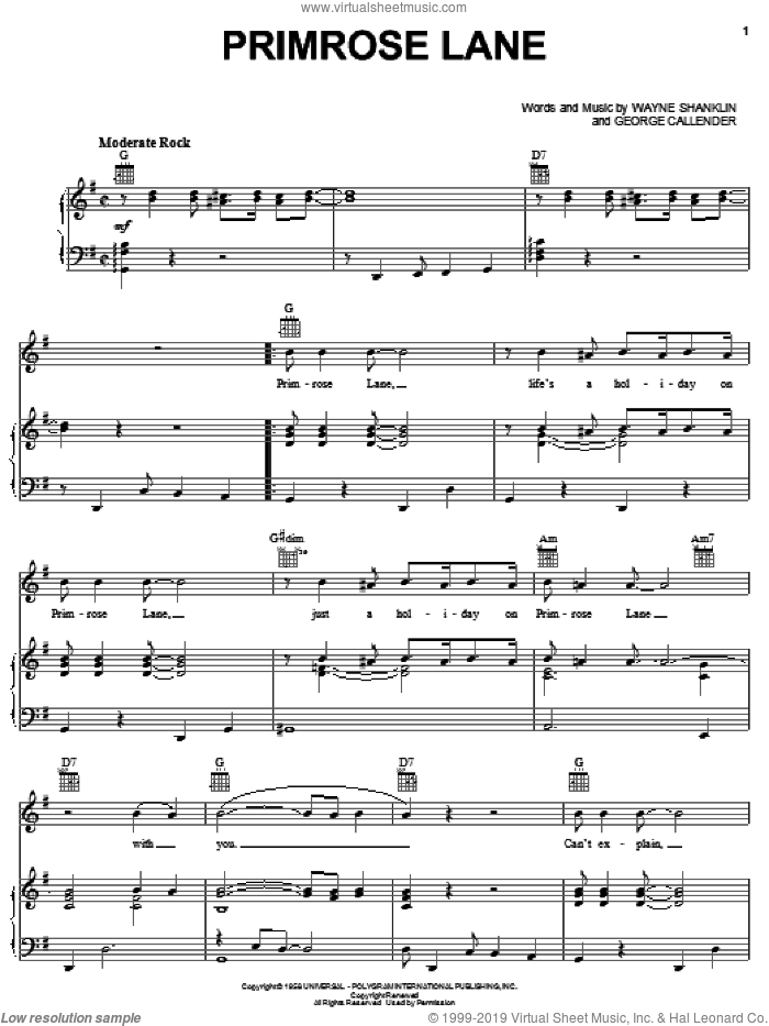 Primrose Lane sheet music for voice, piano or guitar (PDF)