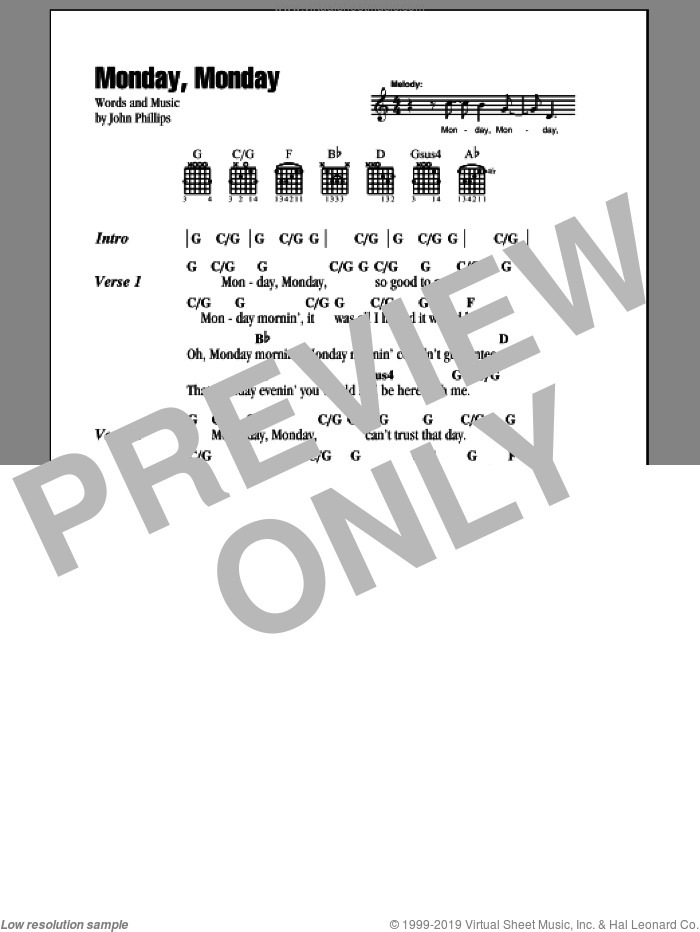 Monday, Monday sheet music for guitar (chords) (PDF)