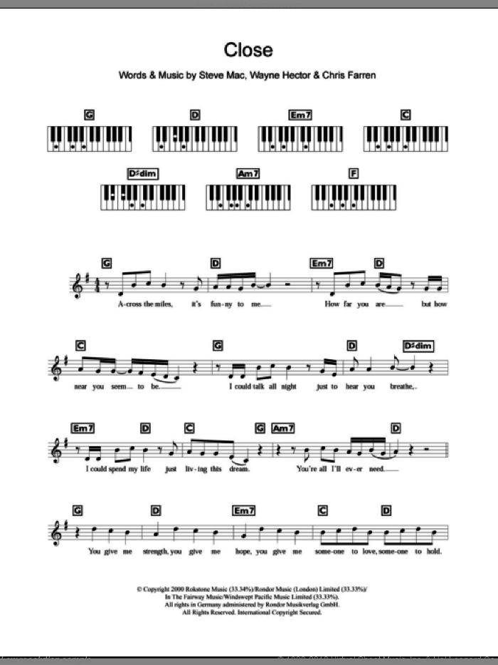 Close sheet music for piano solo (chords, lyrics, melody) (PDF)