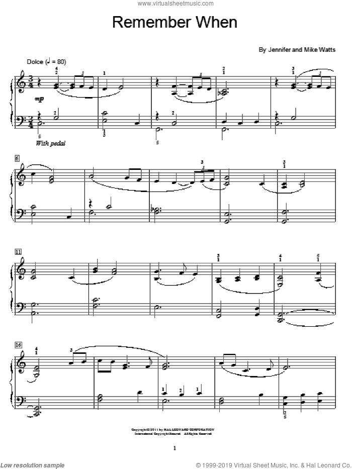Remember When sheet music for piano solo (elementary) (PDF)