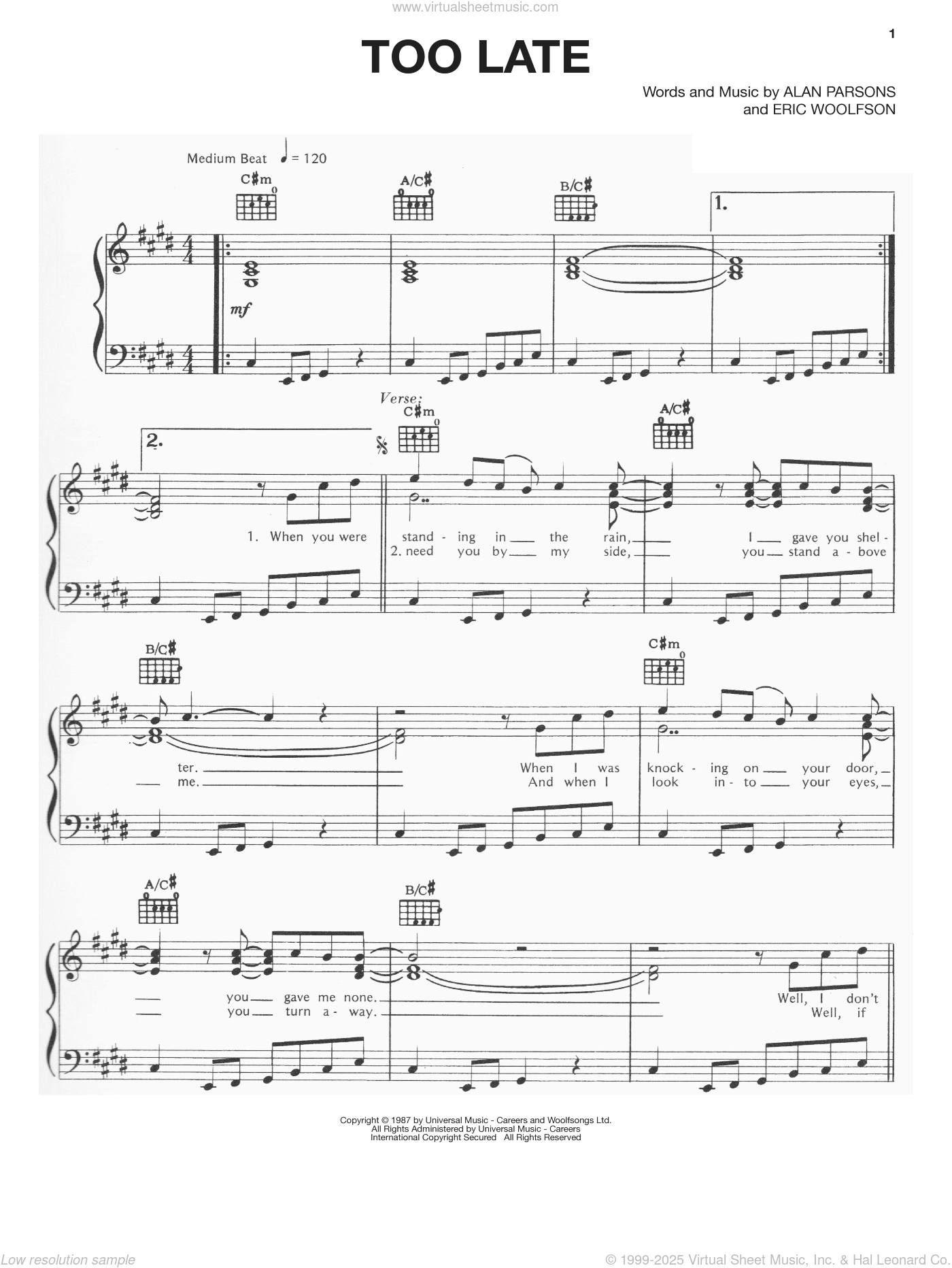 Too Late sheet music for voice, piano or guitar (PDF)