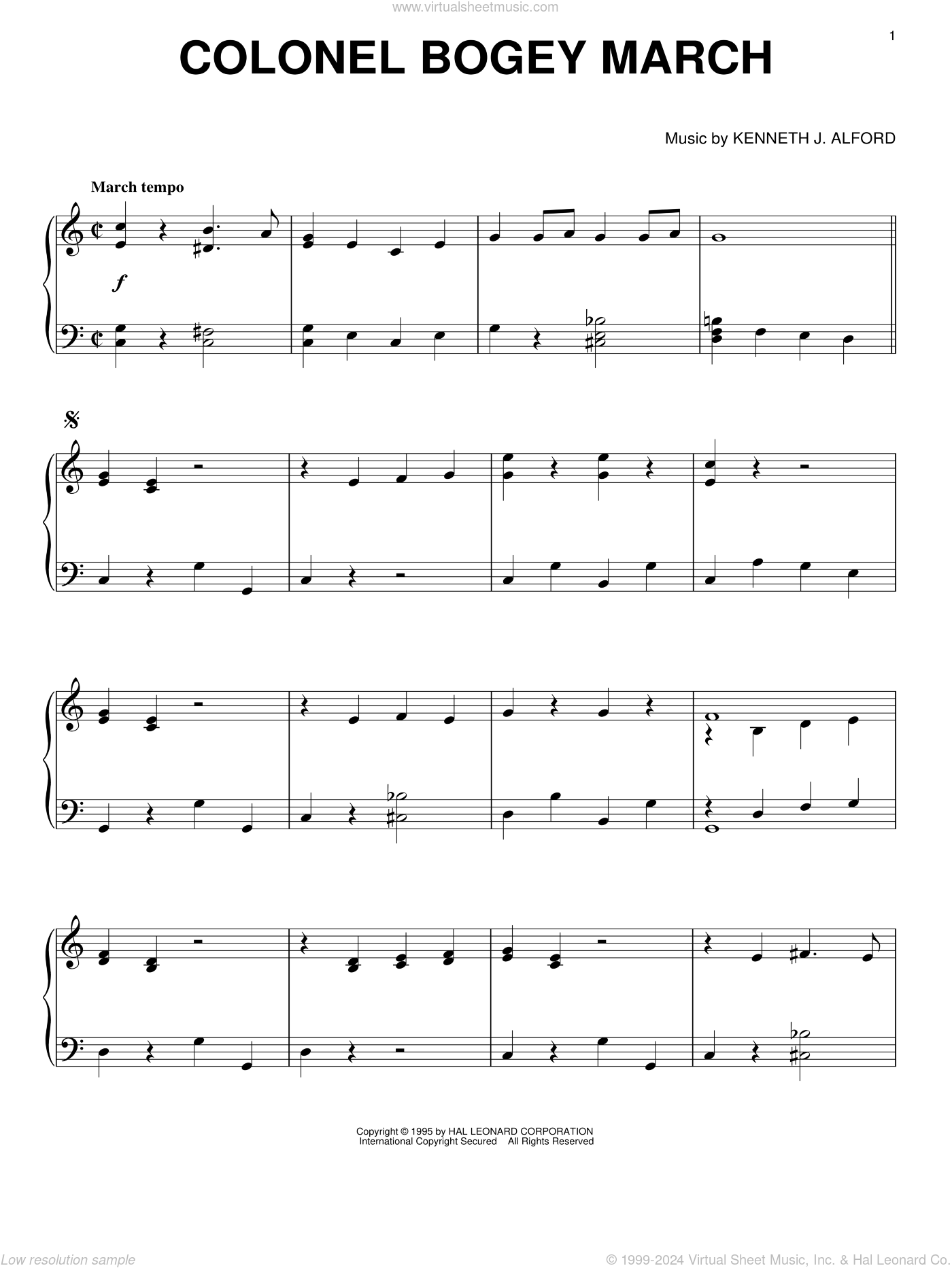 Colonel Bogey March sheet music for piano solo (PDF-interactive)