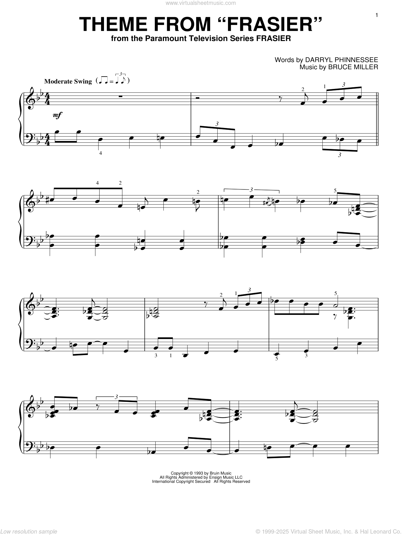 Theme From Frasier sheet music for piano solo (PDF)