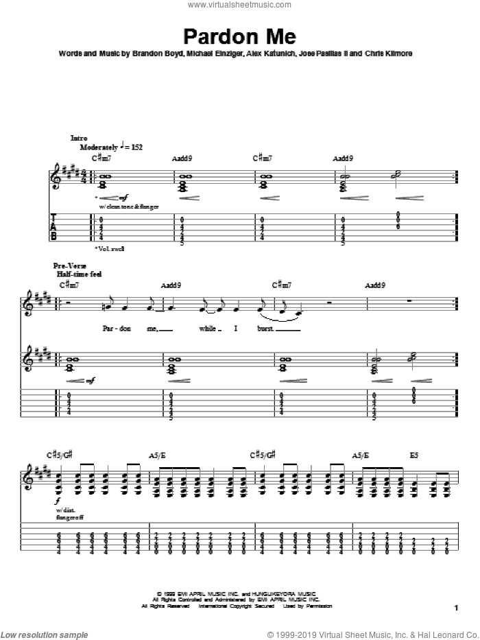 Pardon Me sheet music for guitar solo (easy tablature) (PDF)