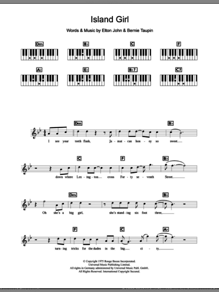Island Girl sheet music (intermediate) for piano solo (chords, lyrics ...
