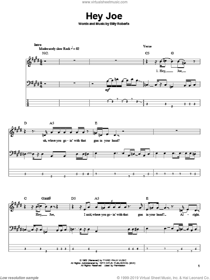 Hey Joe sheet music for bass (tablature) (bass guitar) (PDF)