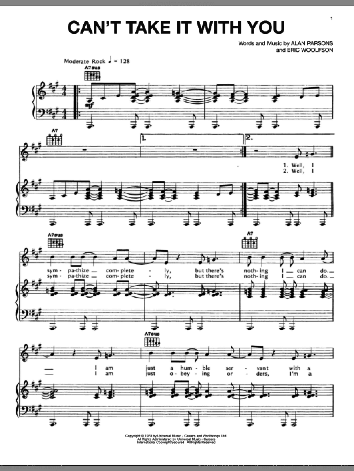 Alan Parsons Project: Can't Take It With You sheet music for voice ...