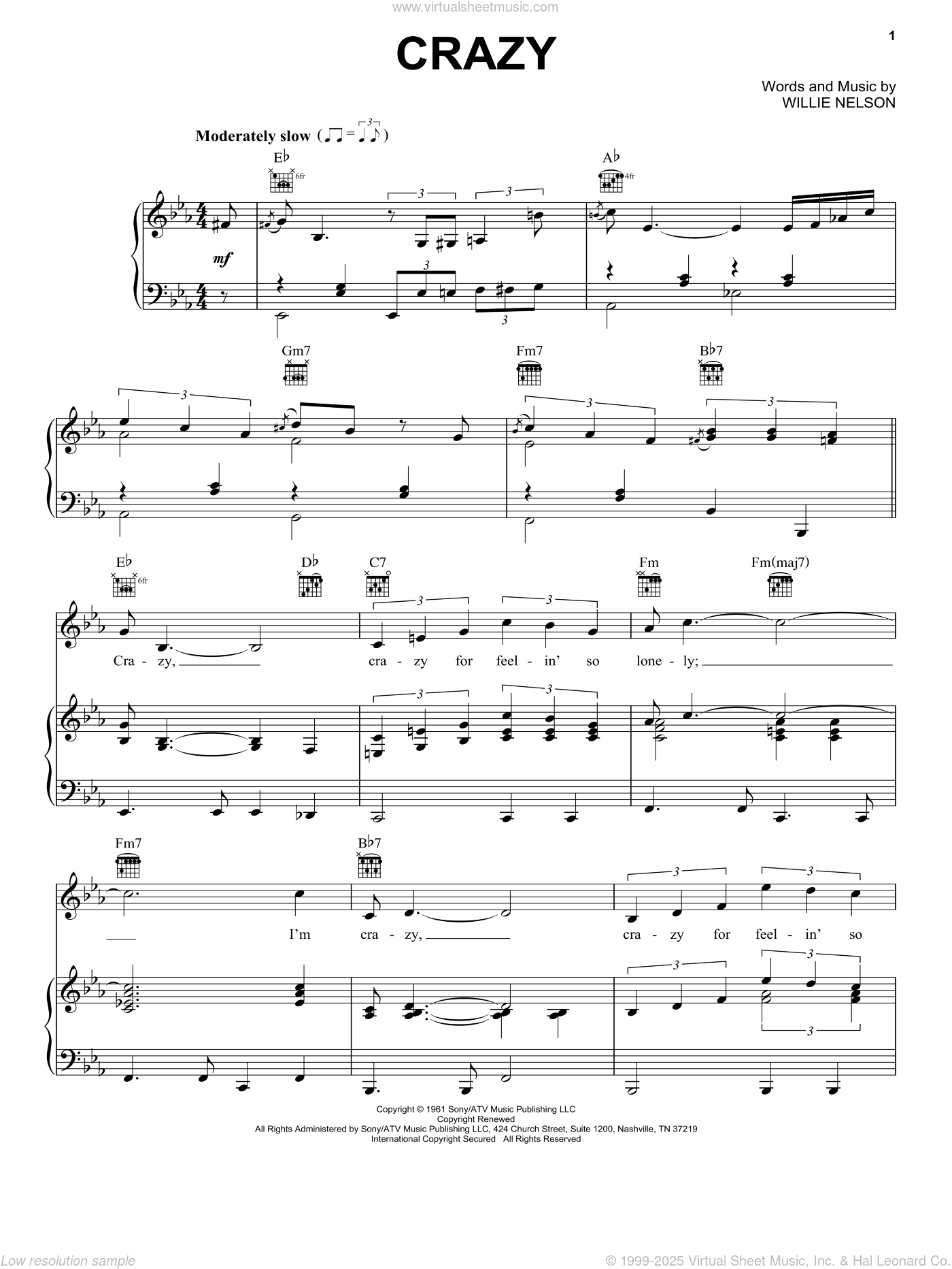 Patsy Cline: Crazy sheet music for voice, piano or guitar (PDF)