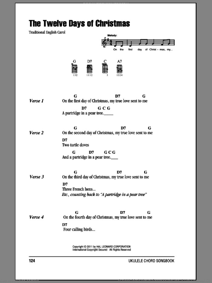 The Twelve Days Of Christmas sheet music for ukulele (chords) v3