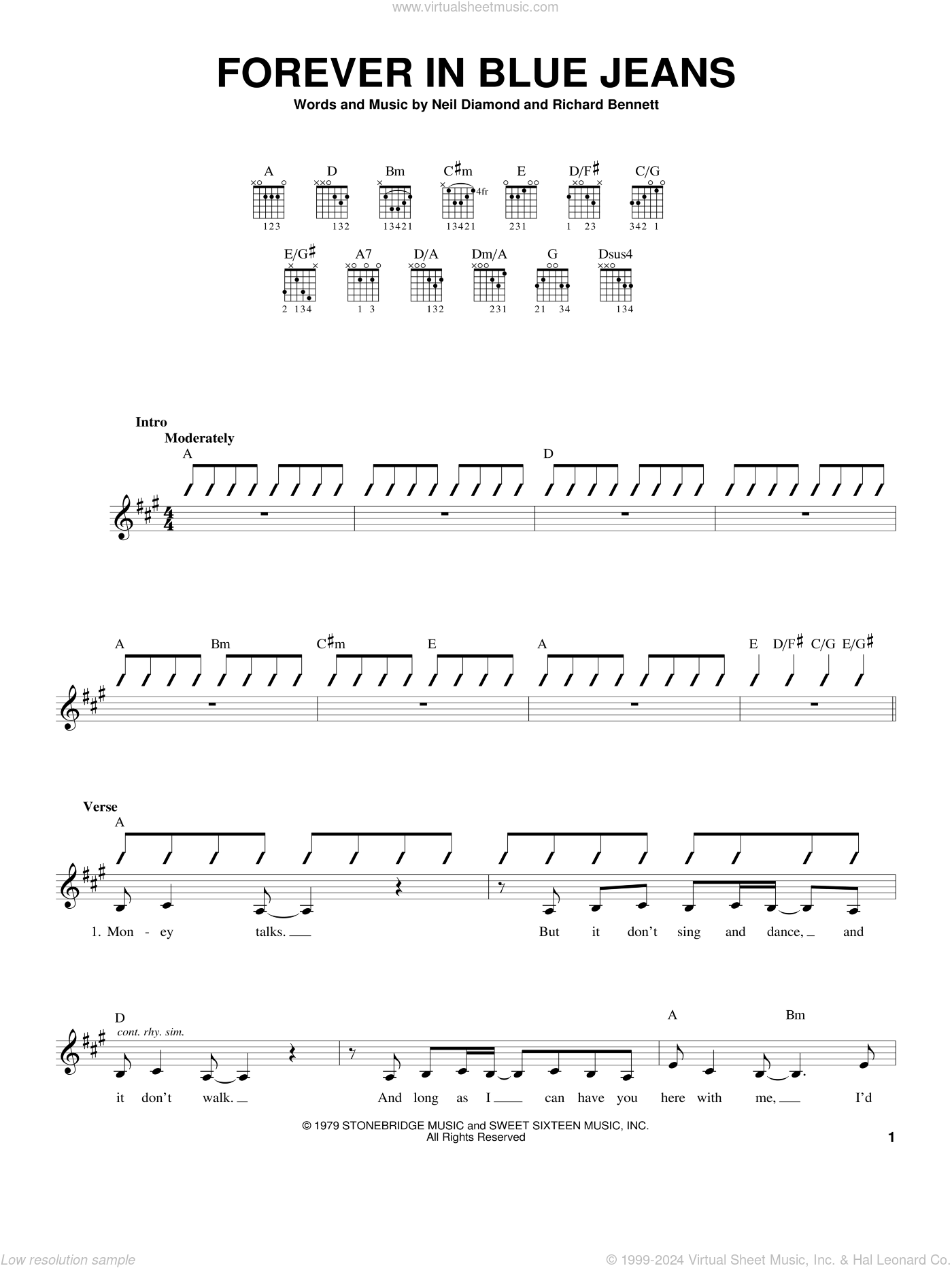 Forever In Blue Jeans sheet music for guitar solo (chords) (PDF)