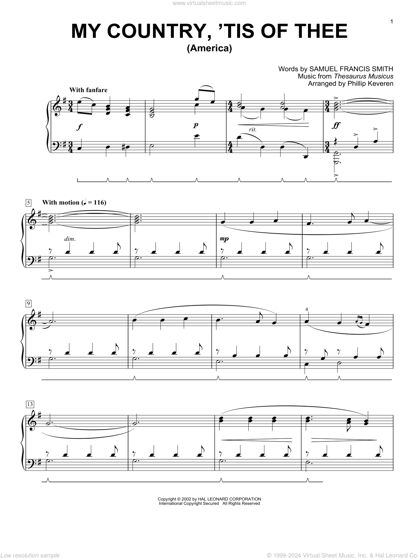 Smith - My Country, 'Tis Of Thee (America) (arr. Phillip Keveren) sheet ...