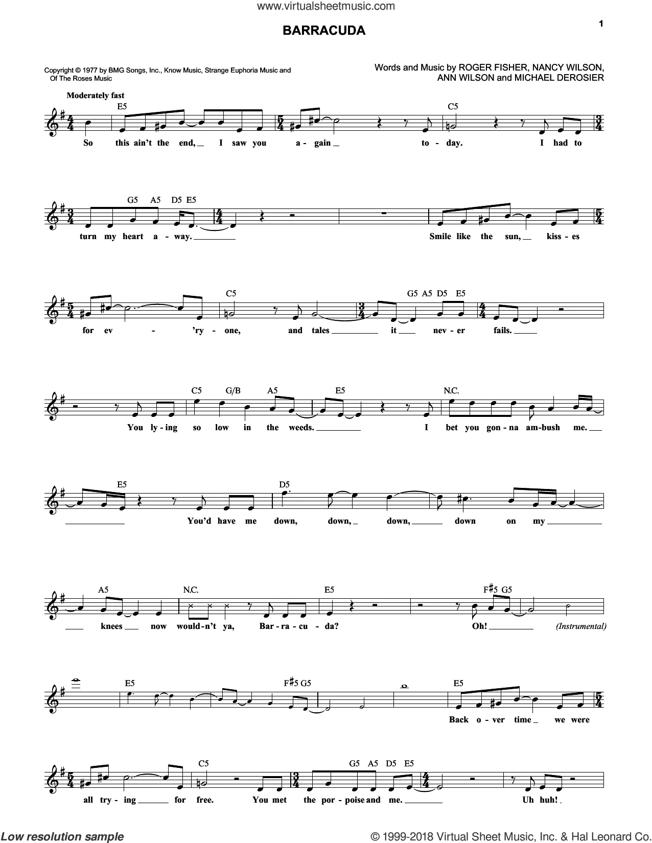 Heart - Barracuda sheet music (fake book) (PDF-interactive)