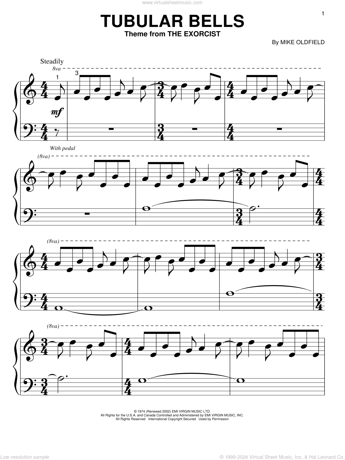 Tubular Bells sheet music for piano solo (big note book) (PDF)