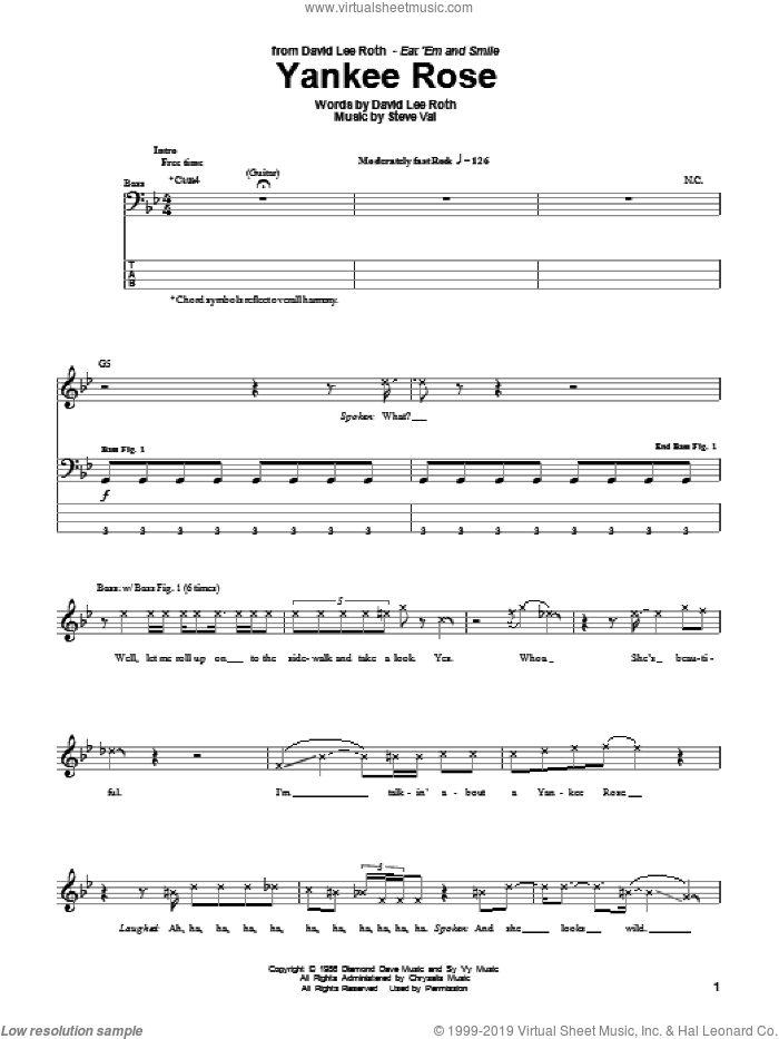 Yankee Rose sheet music for bass (tablature) (bass guitar) (PDF)