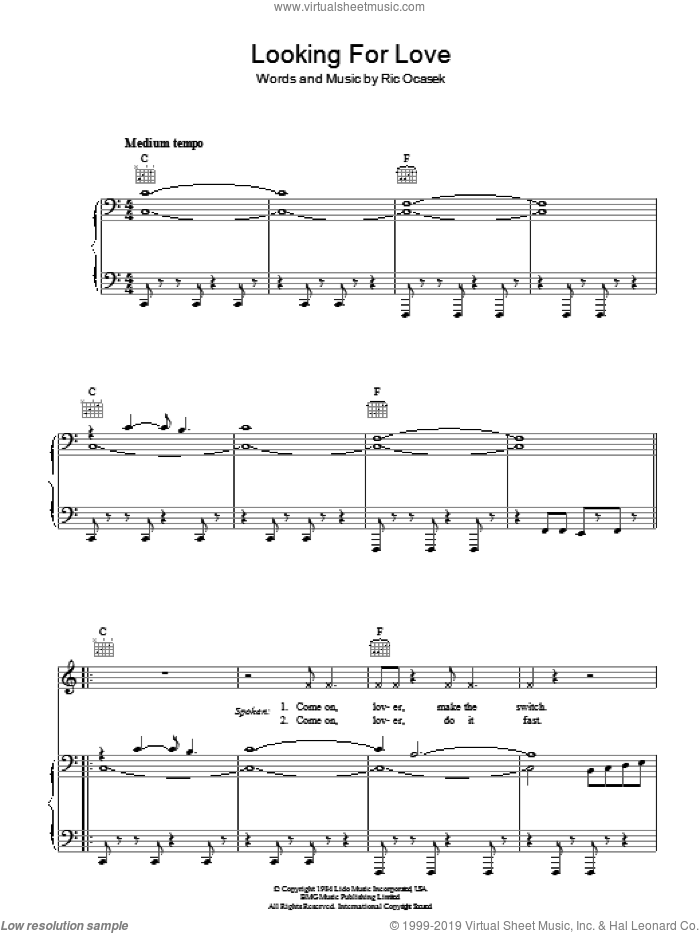 The Cars: Looking For Love sheet music for voice, piano or guitar