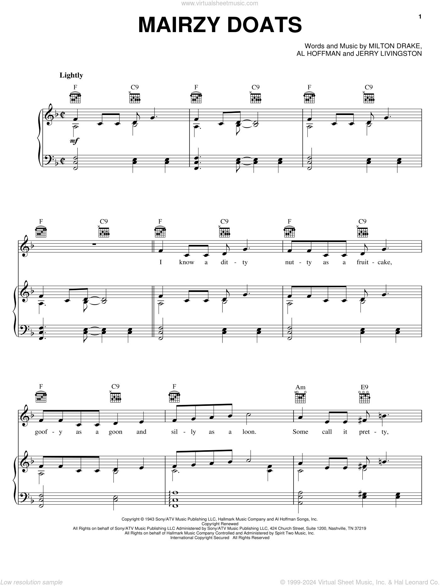 Mairzy Doats sheet music for voice, piano or guitar (PDF)