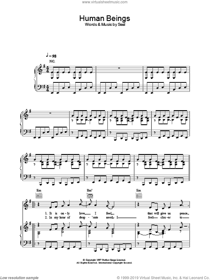 Human Beings sheet music for voice, piano or guitar (PDF)