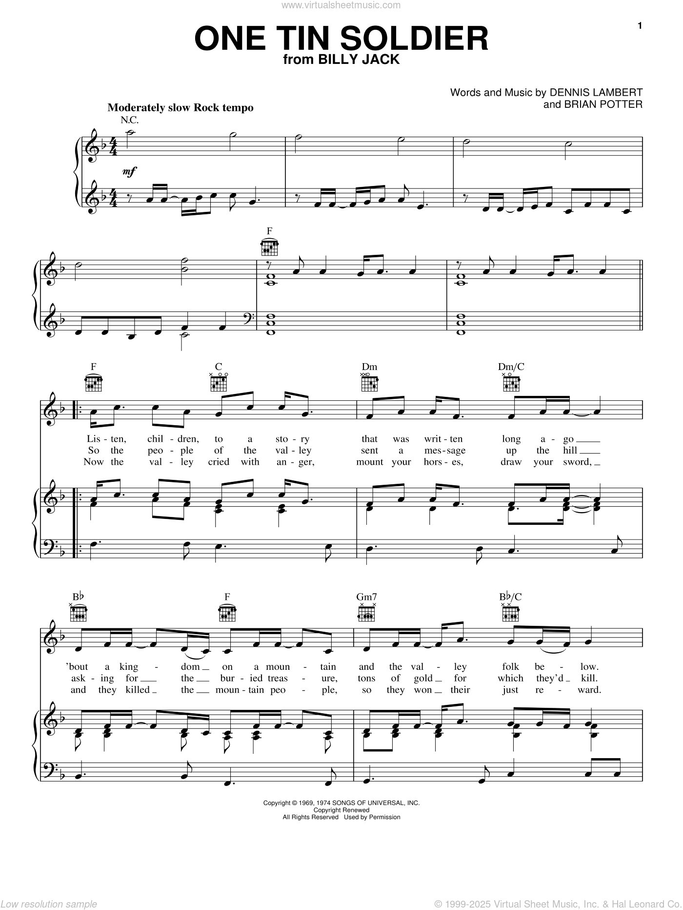 One Tin Soldier sheet music for voice, piano or guitar (PDF)
