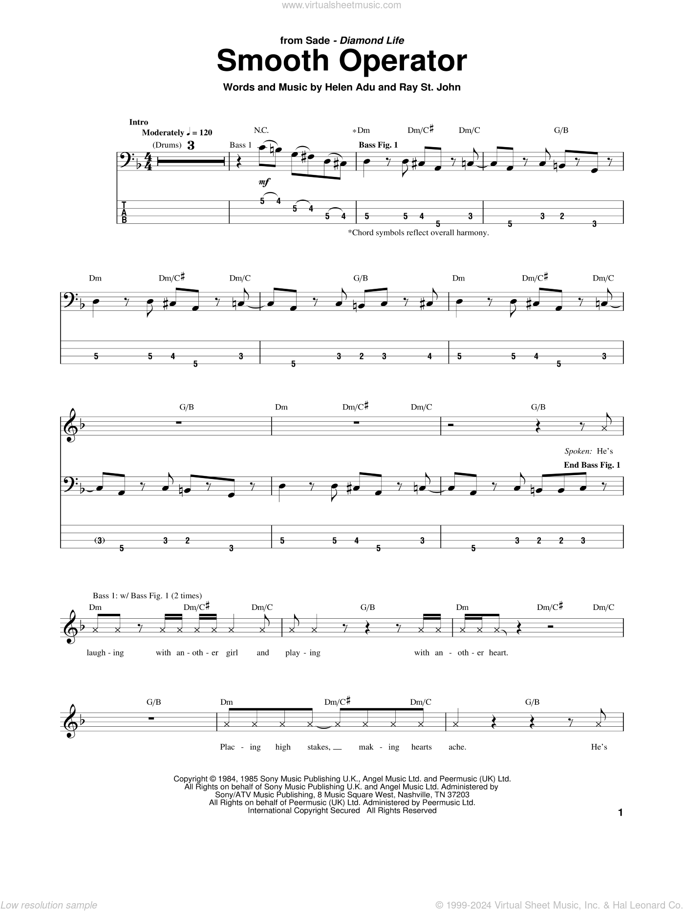 Smooth Operator sheet music for bass (tablature) (bass guitar)
