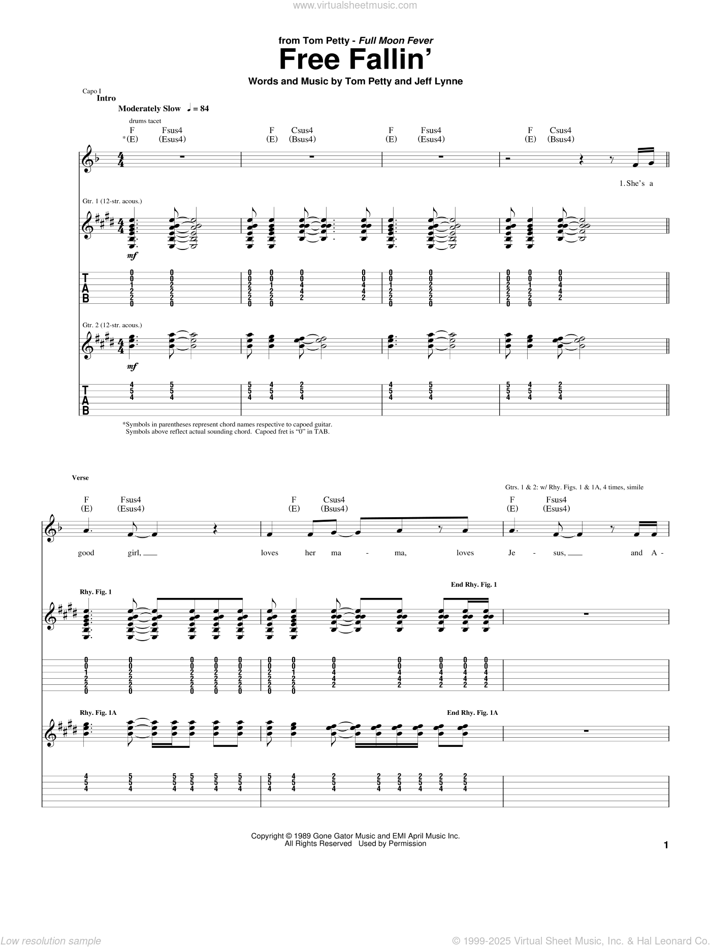 Free Fallin' sheet music for guitar (tablature) (PDF) v4