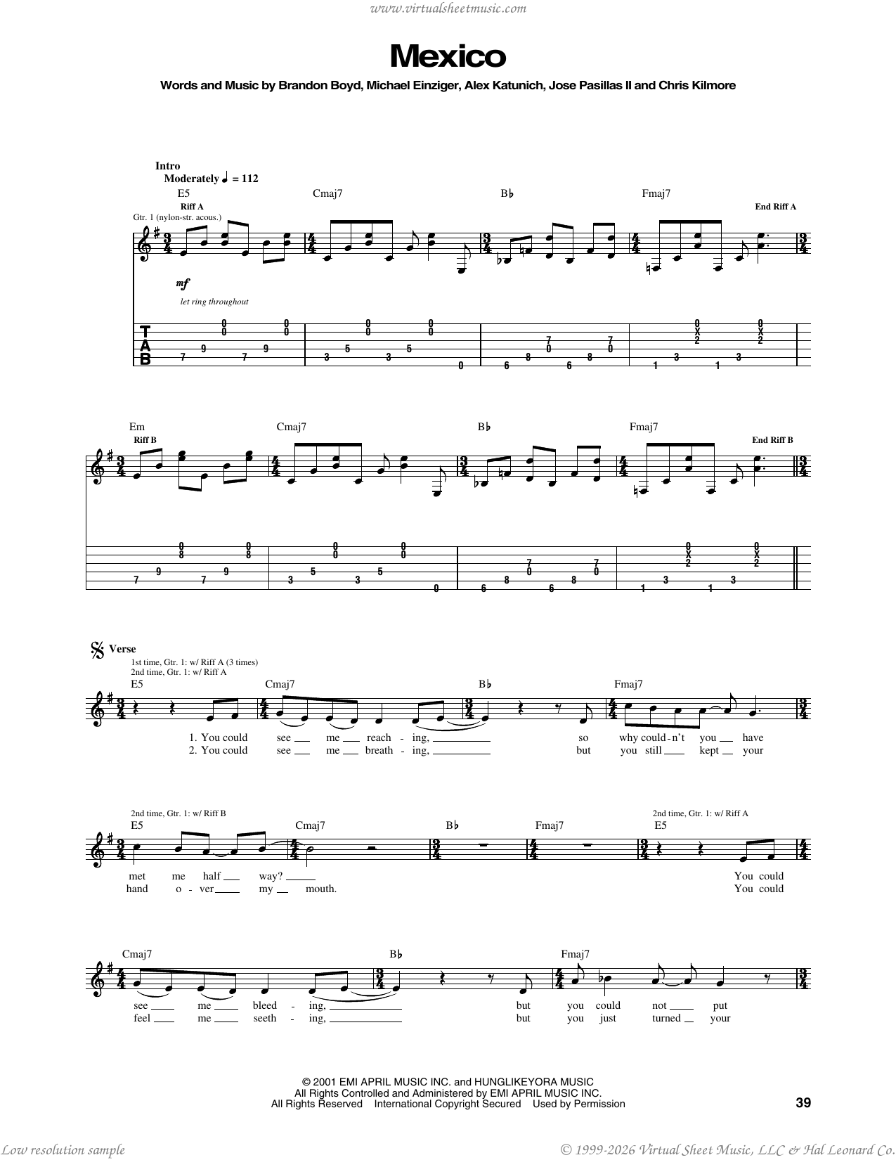 Incubus: Mexico sheet music for guitar (tablature) (PDF)