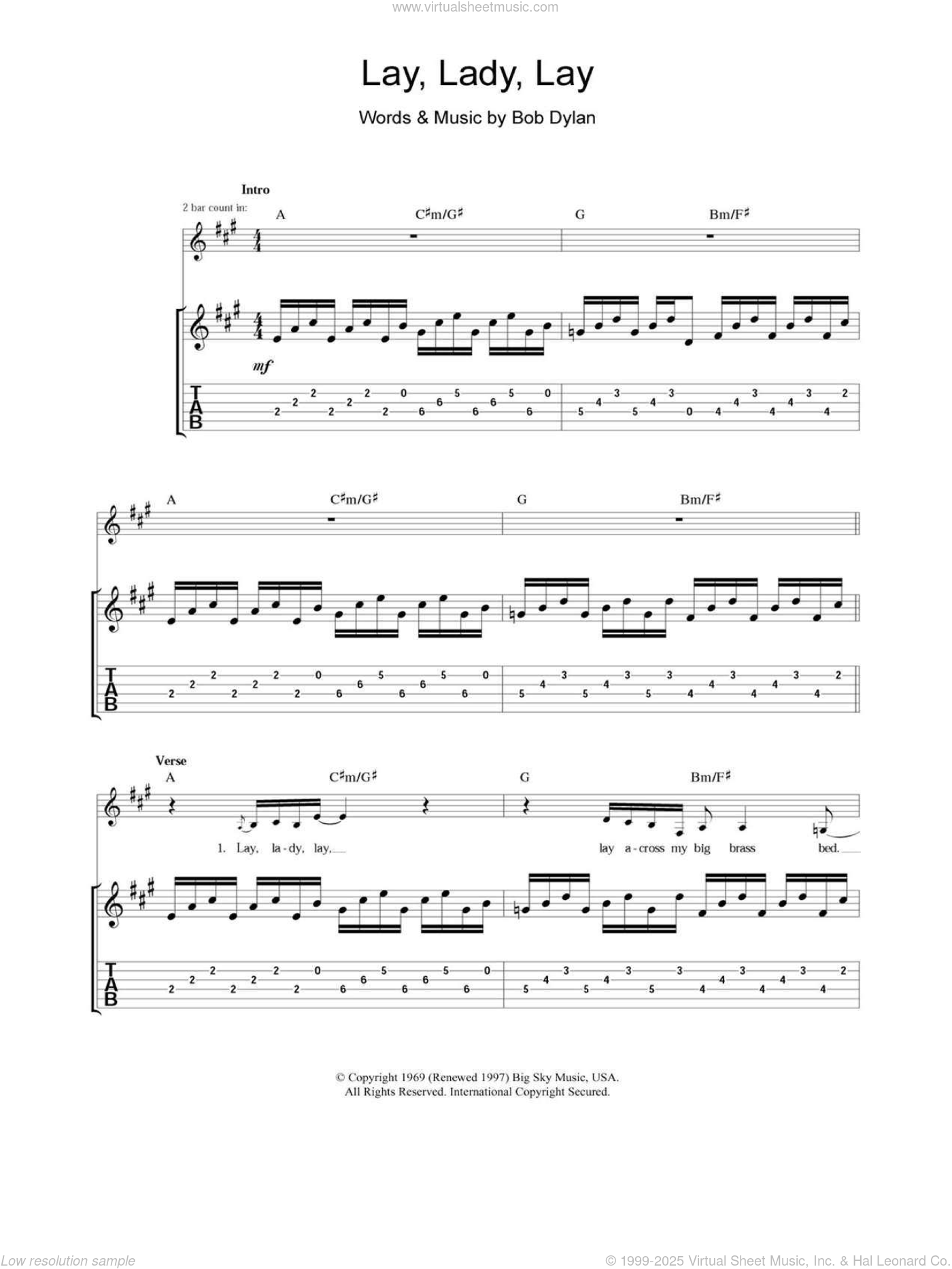 Lay Lady Lay sheet music for guitar (tablature) (PDF)